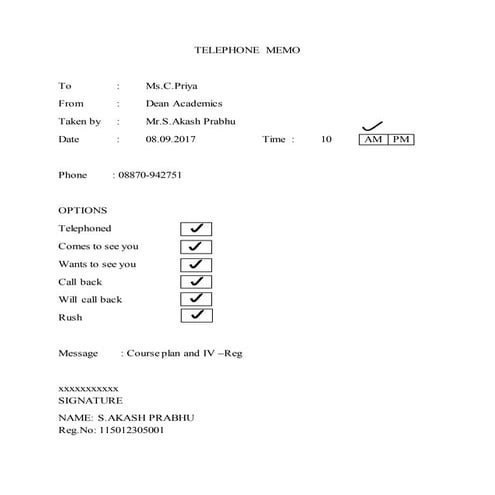 Telephone Memo | DOCX | Educational Assessment | Education