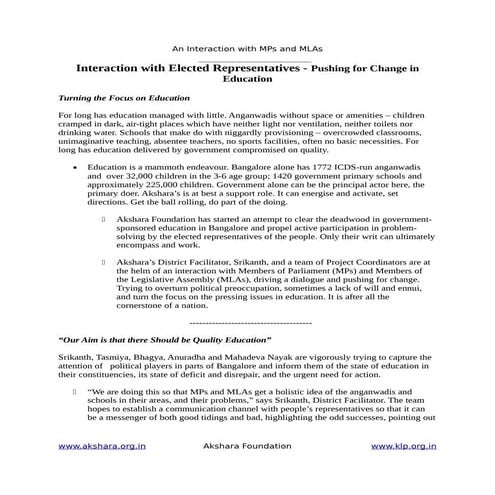 Akshara foundation : An interaction with MPs and MLAs | PDF