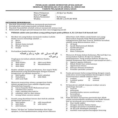 soal semester Al-Qur'an Hadits X kurikulum k13 | PDF