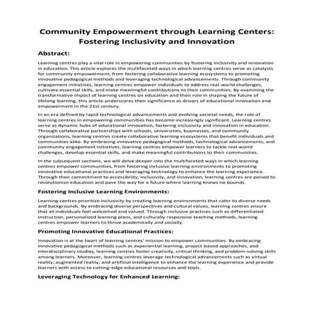 Community Empowerment through Learning Centers: Fostering Inclusivity and Innovation | PDF