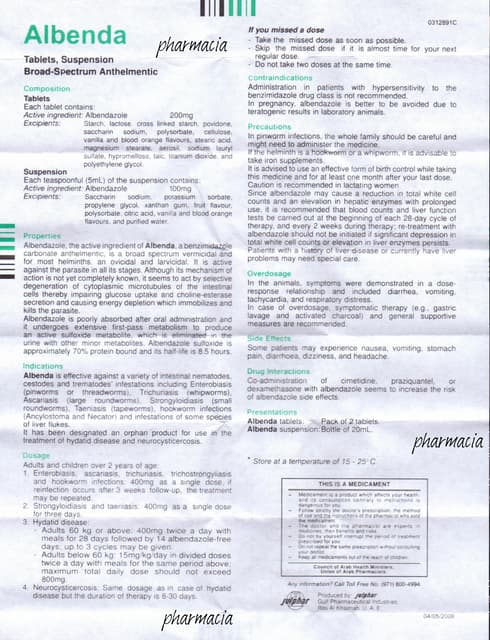 Albendazole dose for kids in worm infestation | PDF
