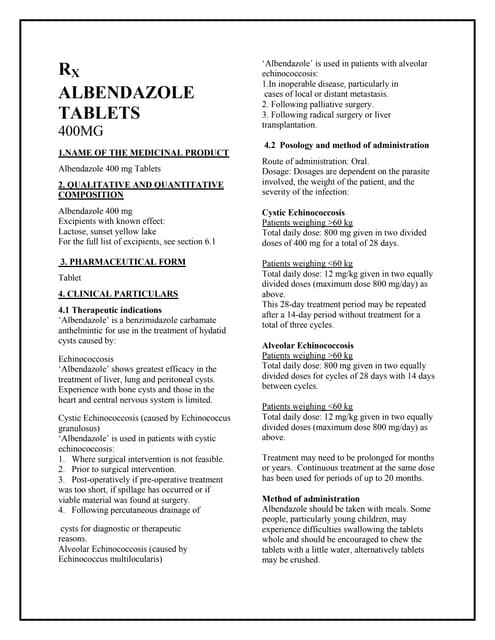Albendazole dose for kids in worm infestation | PDF