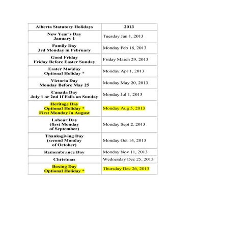 Alberta statutory holidays | DOCX