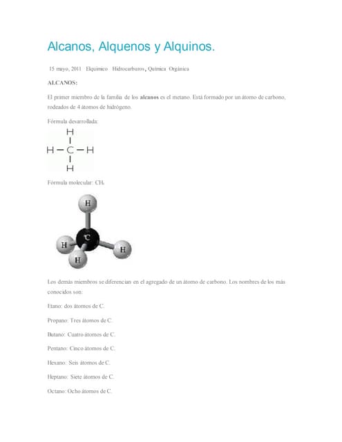 Propiedades fisicas y quimicas de los alcanos, alquenos y alquinos. | PDF
