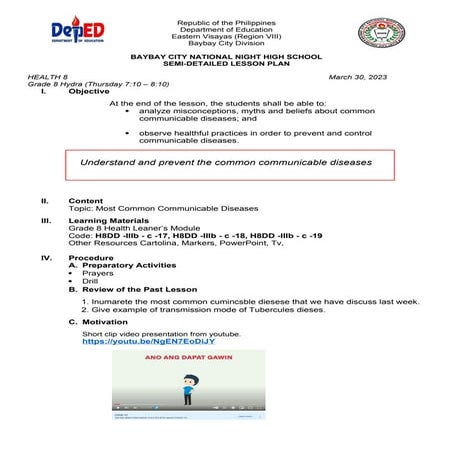 Communicable disease Lesson Plan for Grade 8docx | DOCX