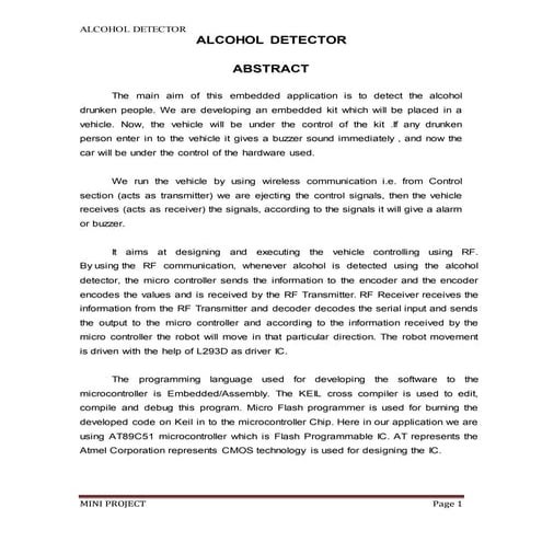 Alcohol Sensing Alert with Engine Locking Project | DOCX