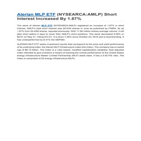Alerian MLP ETF (NYSEARCA:AMLP) Short Interest Increased By 1.87% | PDF