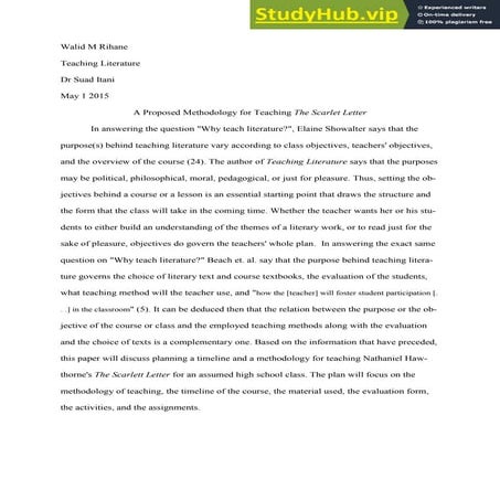 A Lesson Plan A Proposed Methodology For Teaching The Scarlet Letter | PDF