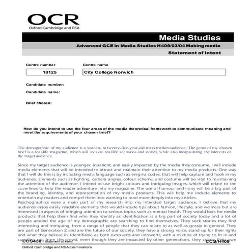 A level media studies statement of intent form ocr | DOCX | Desktop ...