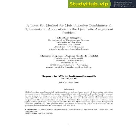 A Level Set Method For Multiobjective Combinatorial Optimization Application To The Quadratic