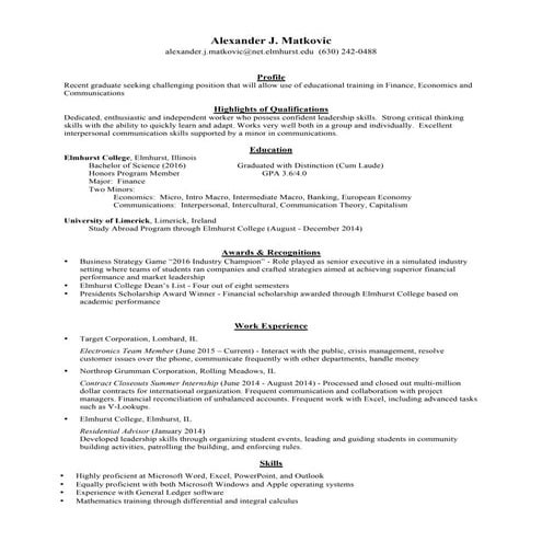 Alexander Matkovic Resume | PDF | Undergraduate Education | College ...