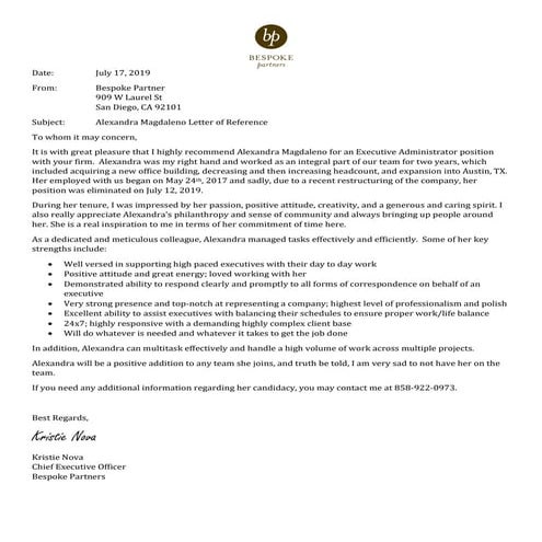 Letter of Reference from CEO - Bespoke Partners | PDF