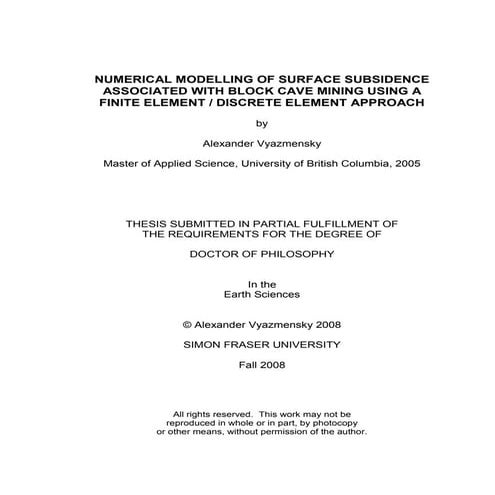 Phd Thesis Numerical Modelling Of Surface Subsidence Associated With