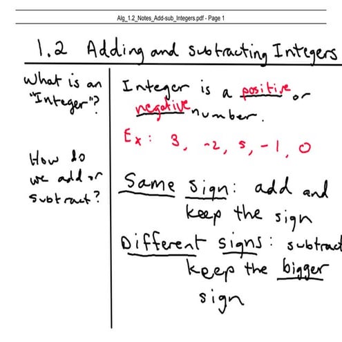 Alg 1.2 Notes Add-Sub Integers | PDF