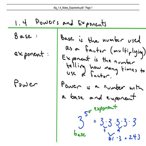 Alg 1.4 Notes Exponents | PDF