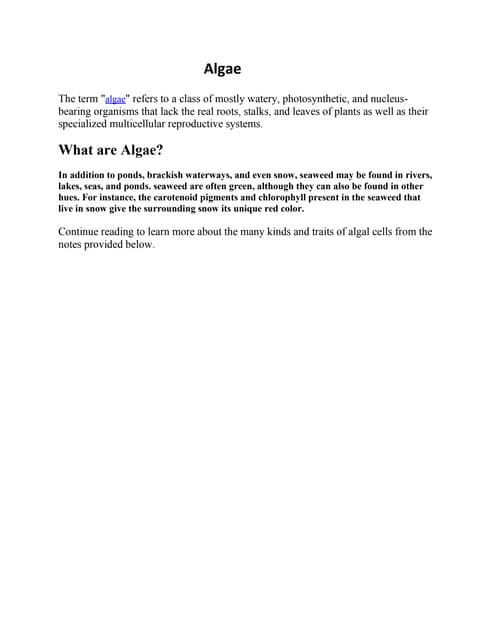 Algae : PHOTOSYNTHETIC EUKARYOTES | PPTX | Biological Sciences | Science