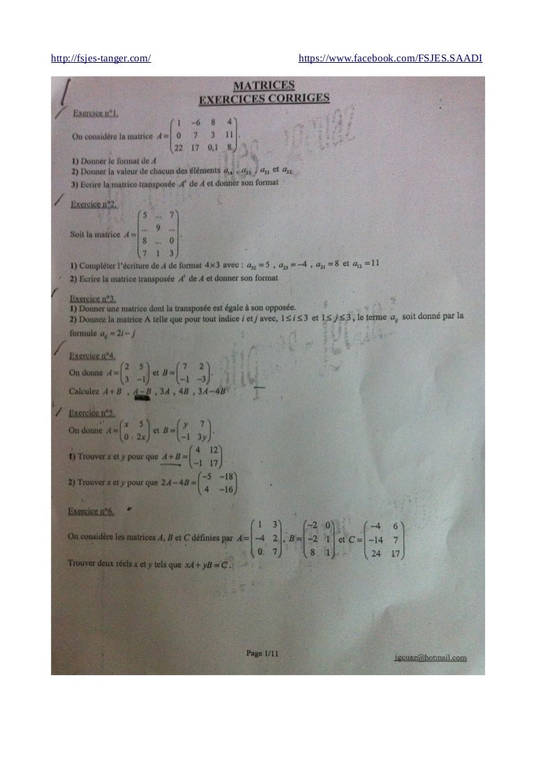 exercice matrice corrigé pdf