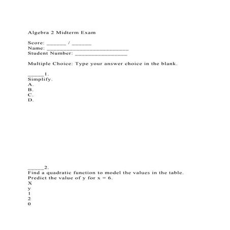 Algebra 2 Midterm ExamScore ______ ______ Name _________.docx ...