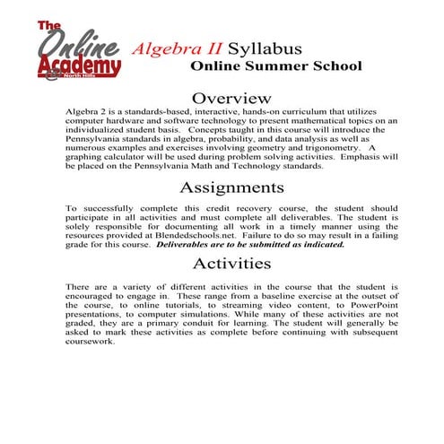 Algebra 2 Summer Syllabus | PDF