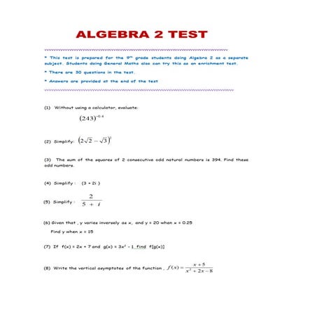 Algebra 2 test.docx for 9th graders (Covers US school curriculum )) | PDF