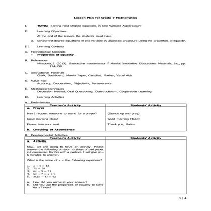 Lesson Plan in Algebra