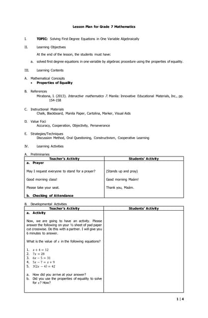 Lesson plan-advanced algebra Grade 7 | PDF