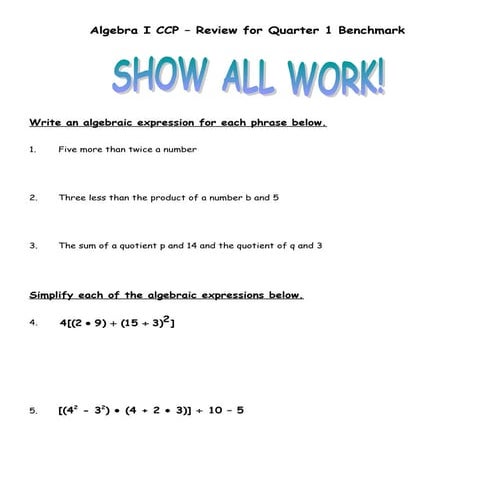 Algebra i ccp quarter 1 benchmark review | DOC | Physics | Science