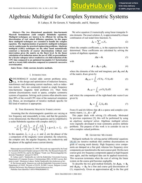 Algebraic Multigrid For Complex Symmetric Systems Pdf