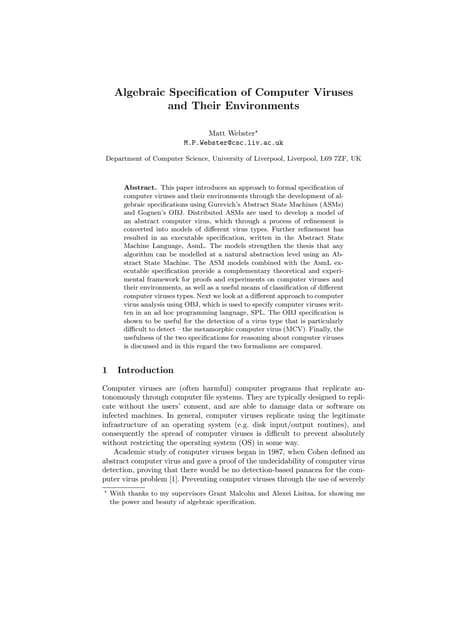 Algebraic Specification Of Computer Viruses And Their Environments
