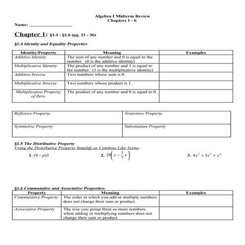 Algebra I Midterm Review | PDF