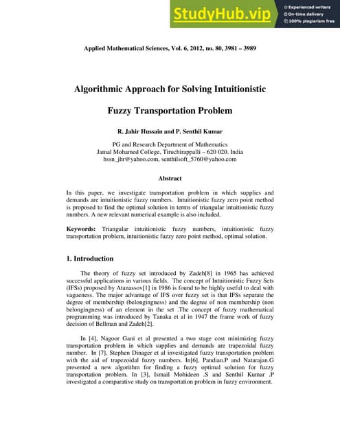 Algorithmic Approach For Solving Intuitionistic Fuzzy Transportation Problem Pdf
