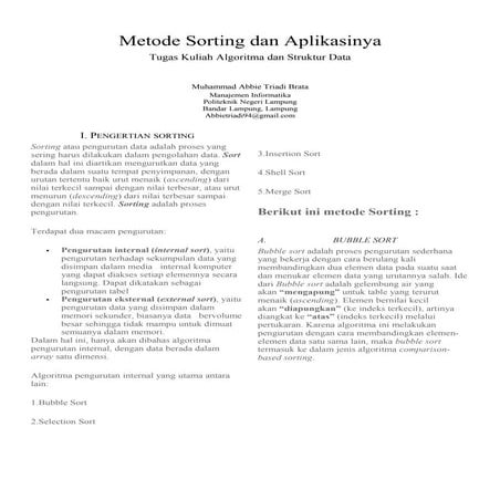 Algoritma Dan Struktur Data Sorting Beserta Metode Nya Pdf