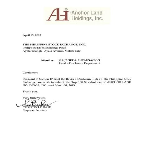 PHILIPPINE STOCK EXCHANGE DISCLOSURES > Lsc top100 mar2013 | PDF