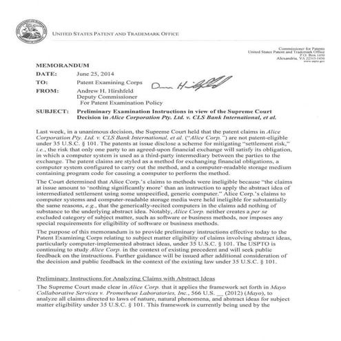 USPTO Examiner Guidelines Post - Alice v. CLS Bank | PDF
