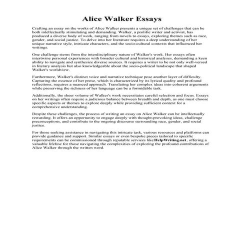 Alice Walker Essays. Essay Sample on Impact of the Point Of View in ...