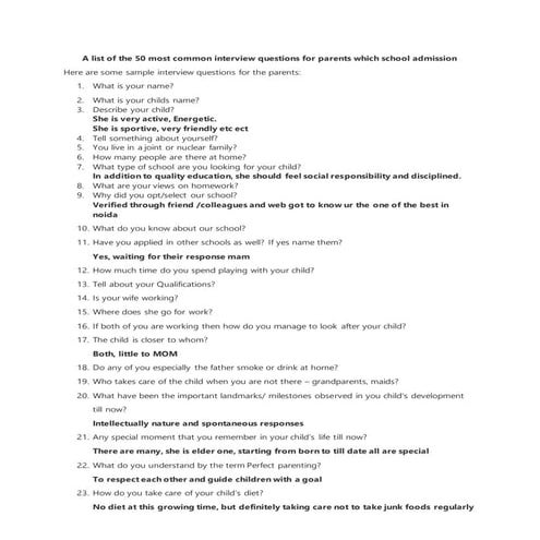 A list of the 50 most common interview questions for parents which ...