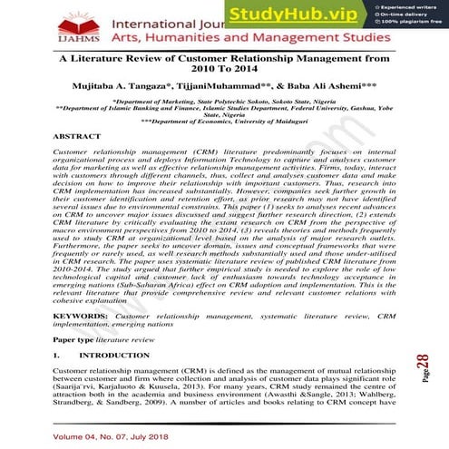 A Literature Review Of Customer Relationship Management From 2010 To ...
