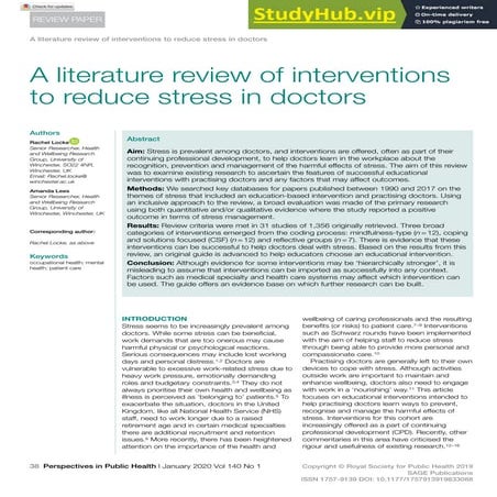 A Literature Review Of Interventions To Reduce Stress In Doctors | PDF