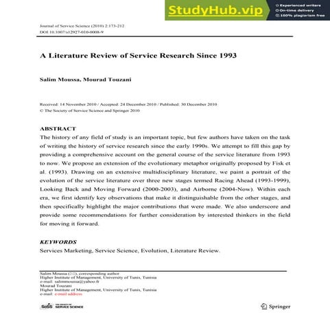 A Literature Review Of Service Research Since 1993 | PDF