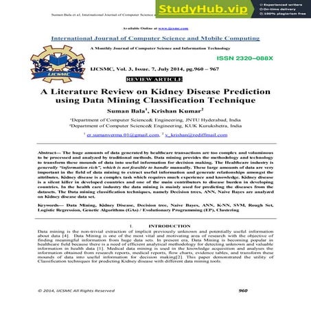 A Literature Review On Kidney Disease Prediction Using Data Mining Classification Technique | PDF