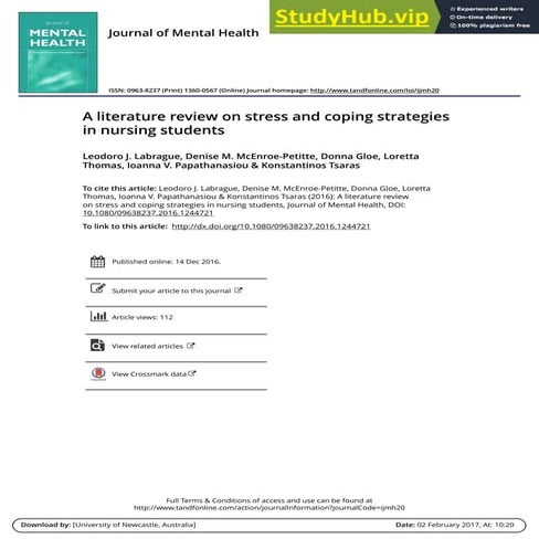 A Literature Review On Stress And Coping Strategies In Nursing Students | PDF