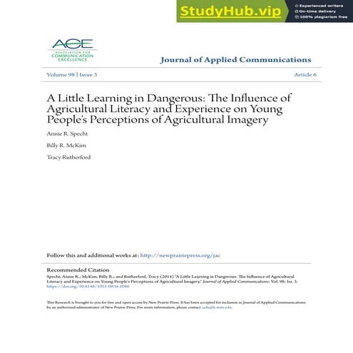 A Little Learning In Dangerous The Influence Of Agricultural Literacy And Experience On Young ...