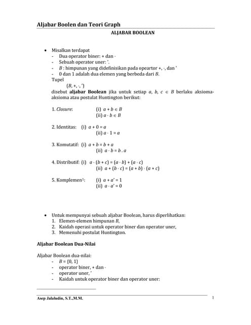 ALJABAR BOOLEAN PART 1 UNTUK MATERI MATEMATIKA DISKRIT | PDF