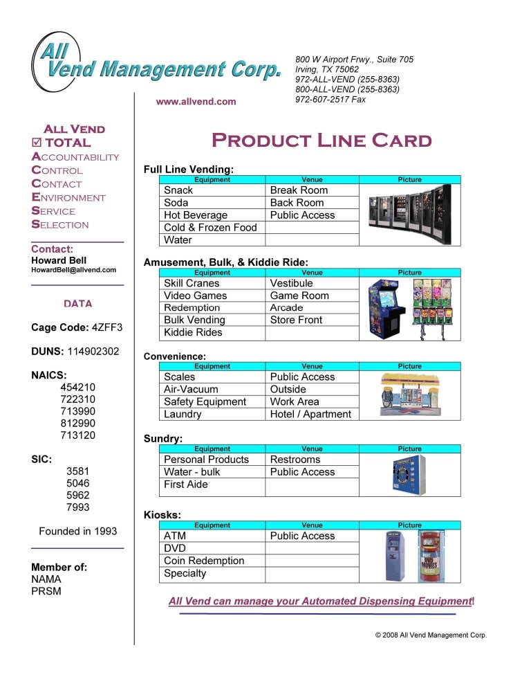 All Vend Product Line Card All Vend Product Line Card