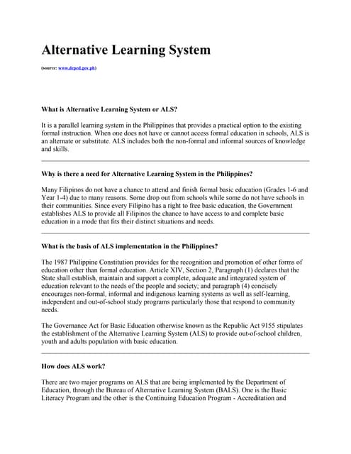 Alternative learning system (ALS) | PPTX | Special Education | Education