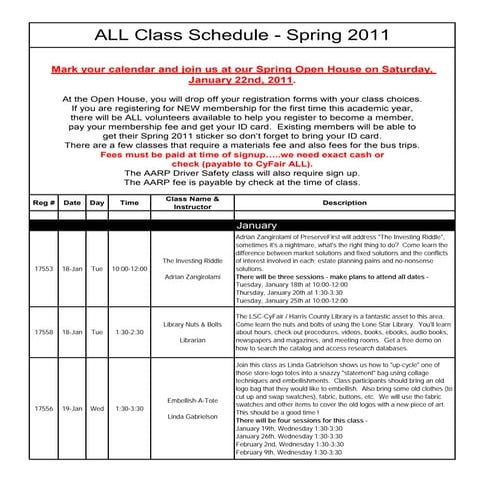 All Class Schedule - Spring 2011 with Reg # | PDF