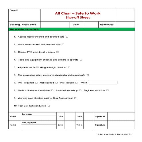 All Clear - Safe to Work Sign Off Sheet Form # ACSWSS – Rev. 0.docx
