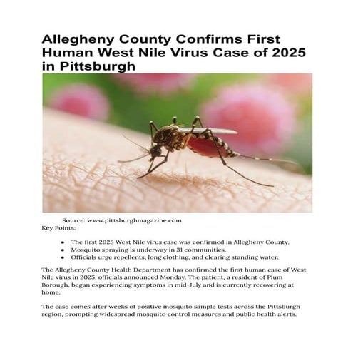 Allegheny County Confirms First Human West Nile Virus Case of 2025 in ...