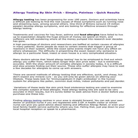 Allergy Testing By Skin Prick | PDF