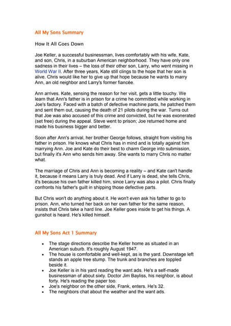 'All My Sons' by William Shakespeare - Pre-reading questionnaire | PDF